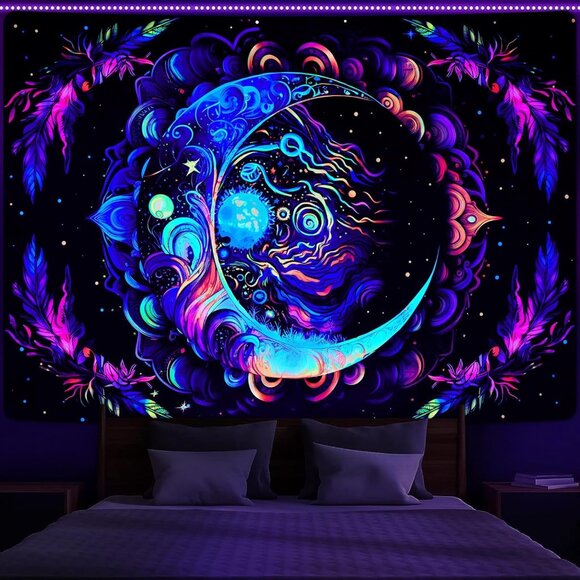 Wall Decor | New Aesthetic Uv Mandala Blacklight Moon Tapestry Wall Art ...